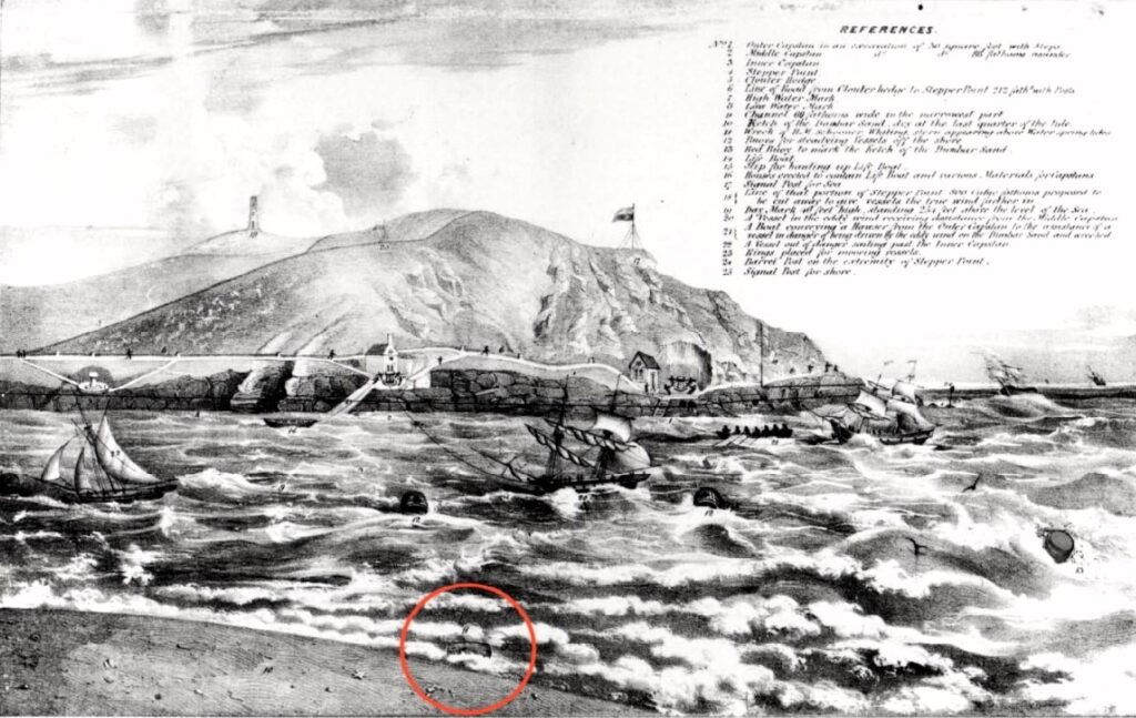 Stepper Point Lithograph [c1830] Wreck of HMS Whiting ringed red ...