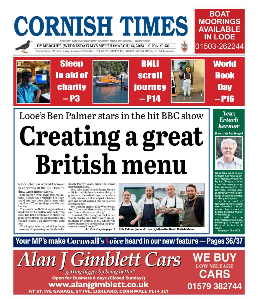 Cornish Times – frontpage 20.03.2024 - Kowethas Ertach Kernow