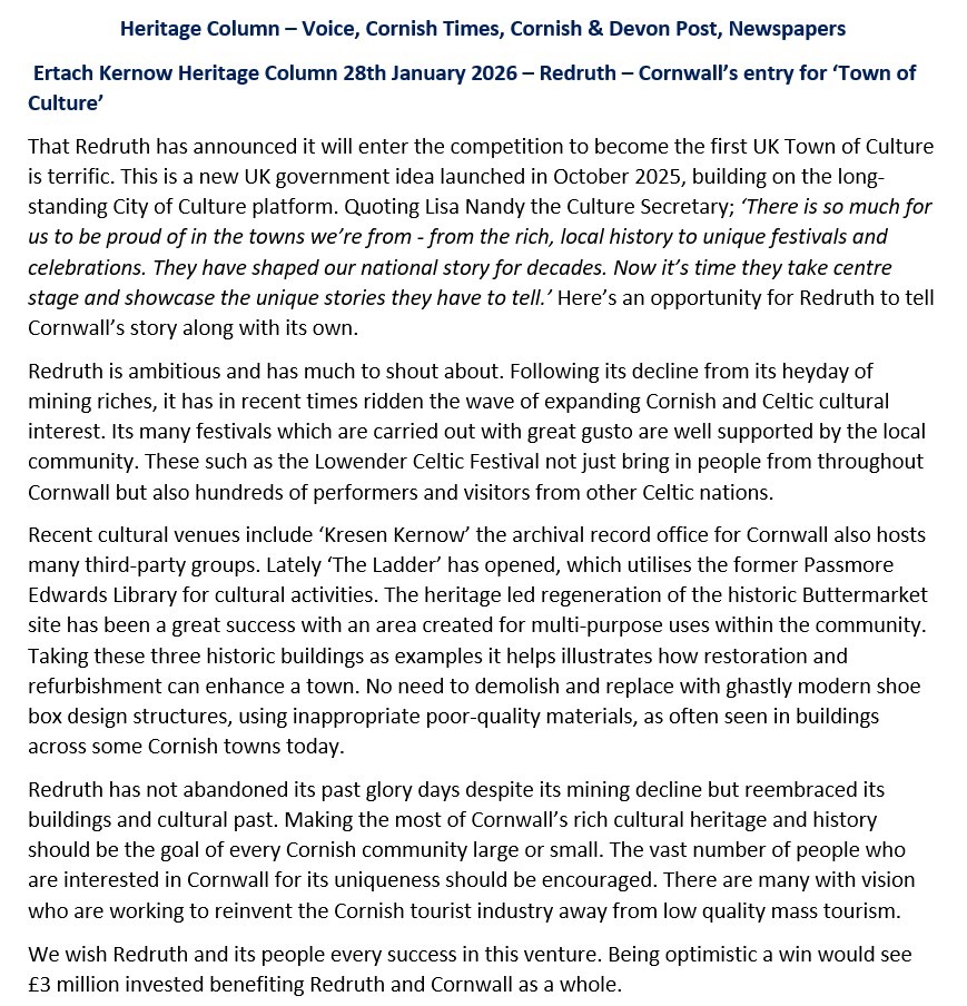 Ertach Kernow Heritage Column 28th January 2026 – Redruth – Cornwall’s ...