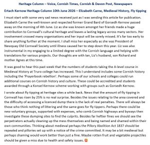 Ertach Kernow Heritage Column 10th June 2026 – Elizabeth Carne ...